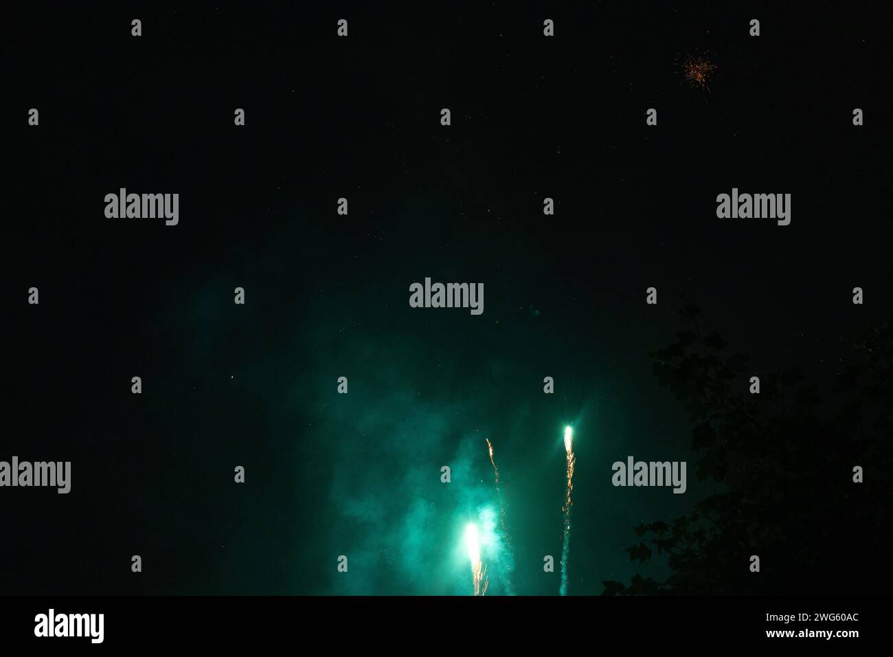 Burst of green fireworks trail about to explode at night - vibrant ...