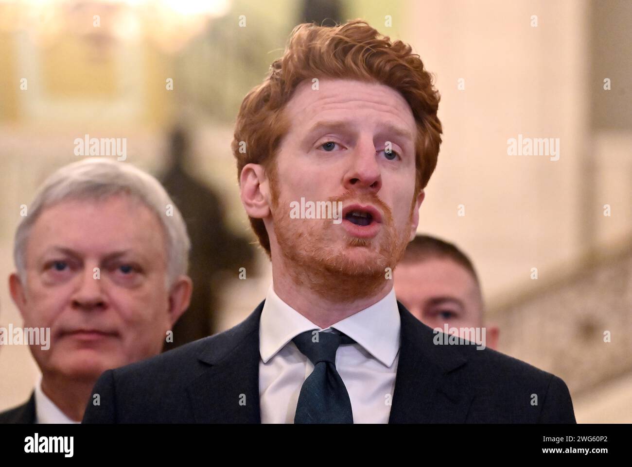 Matthew O'Toole SDLP and his party colleges speaking to the media in ...