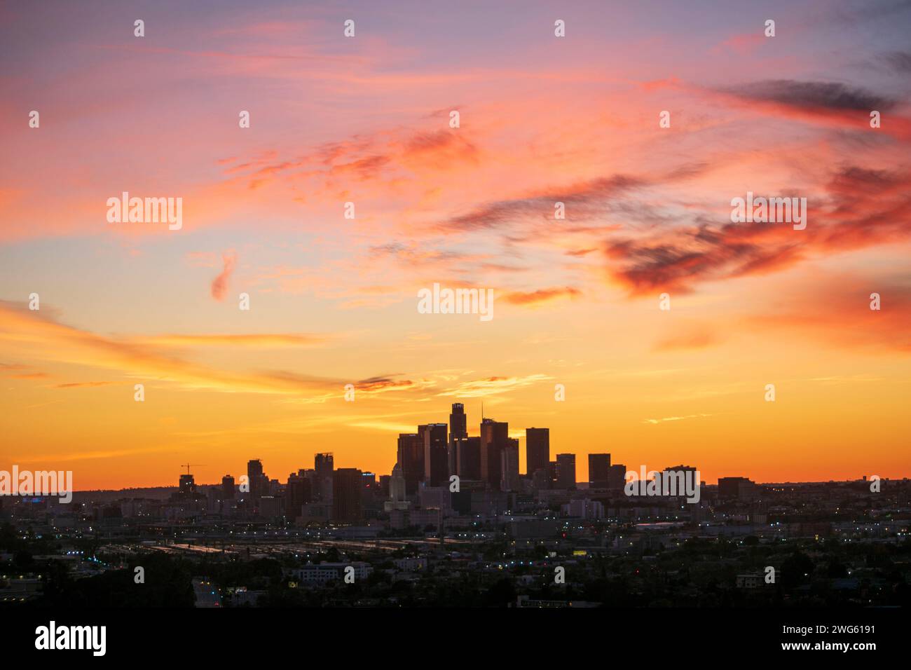 Sunsets over downtown Los Angeles in Southern California can be quite ...
