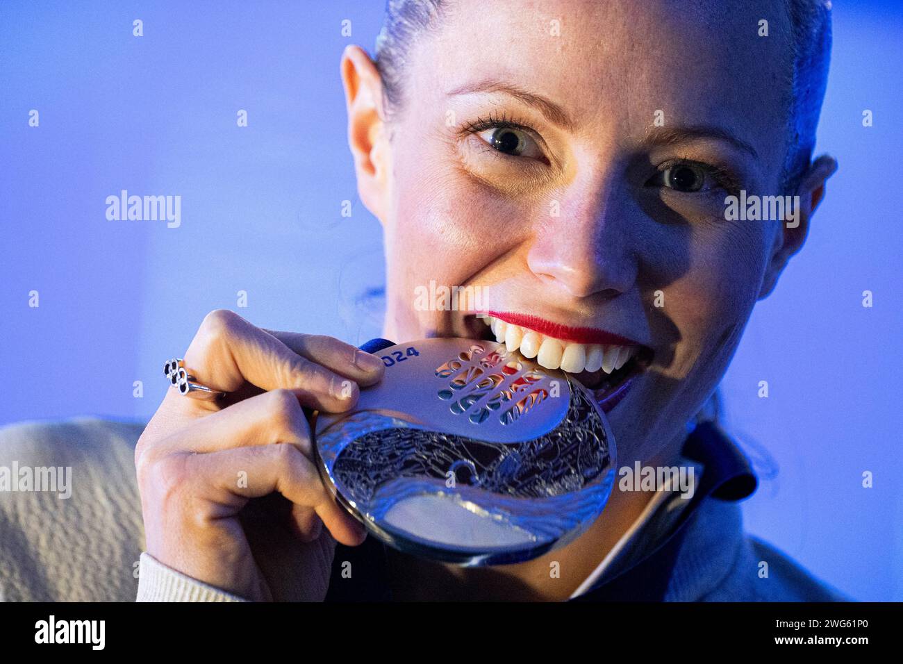 Doha, Qatar. 03rd Feb, 2024. Jacqueline Simoneau of Canada shows the ...