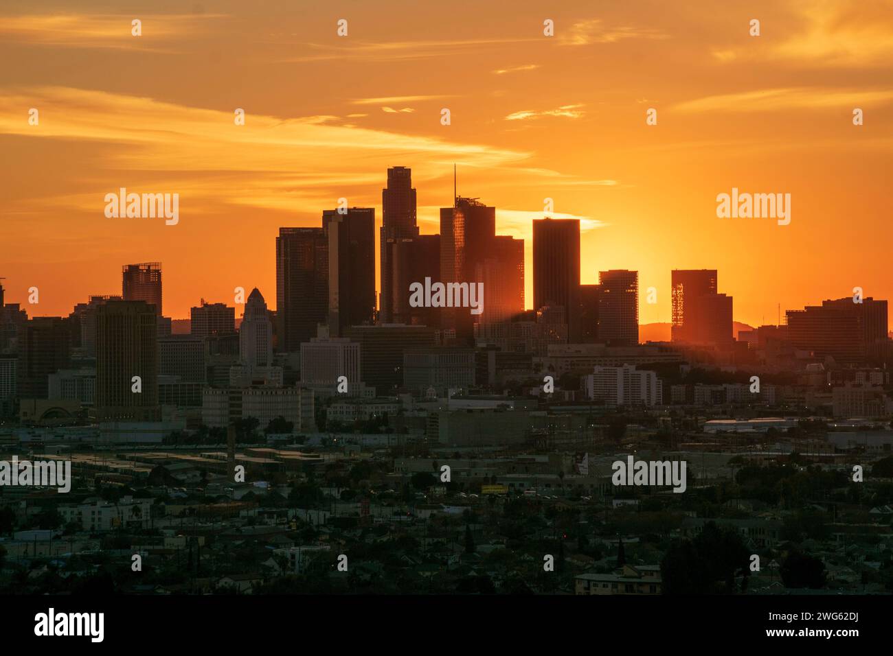 Sunsets over downtown Los Angeles in Southern California can be quite ...