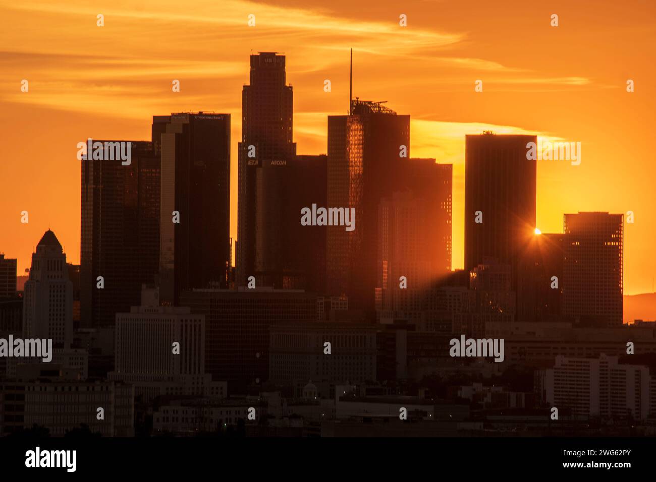 Sunsets over downtown Los Angeles in Southern California can be quite ...
