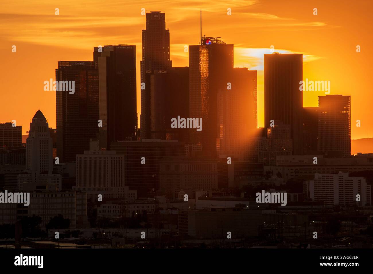 Sunsets over downtown Los Angeles in Southern California can be quite ...