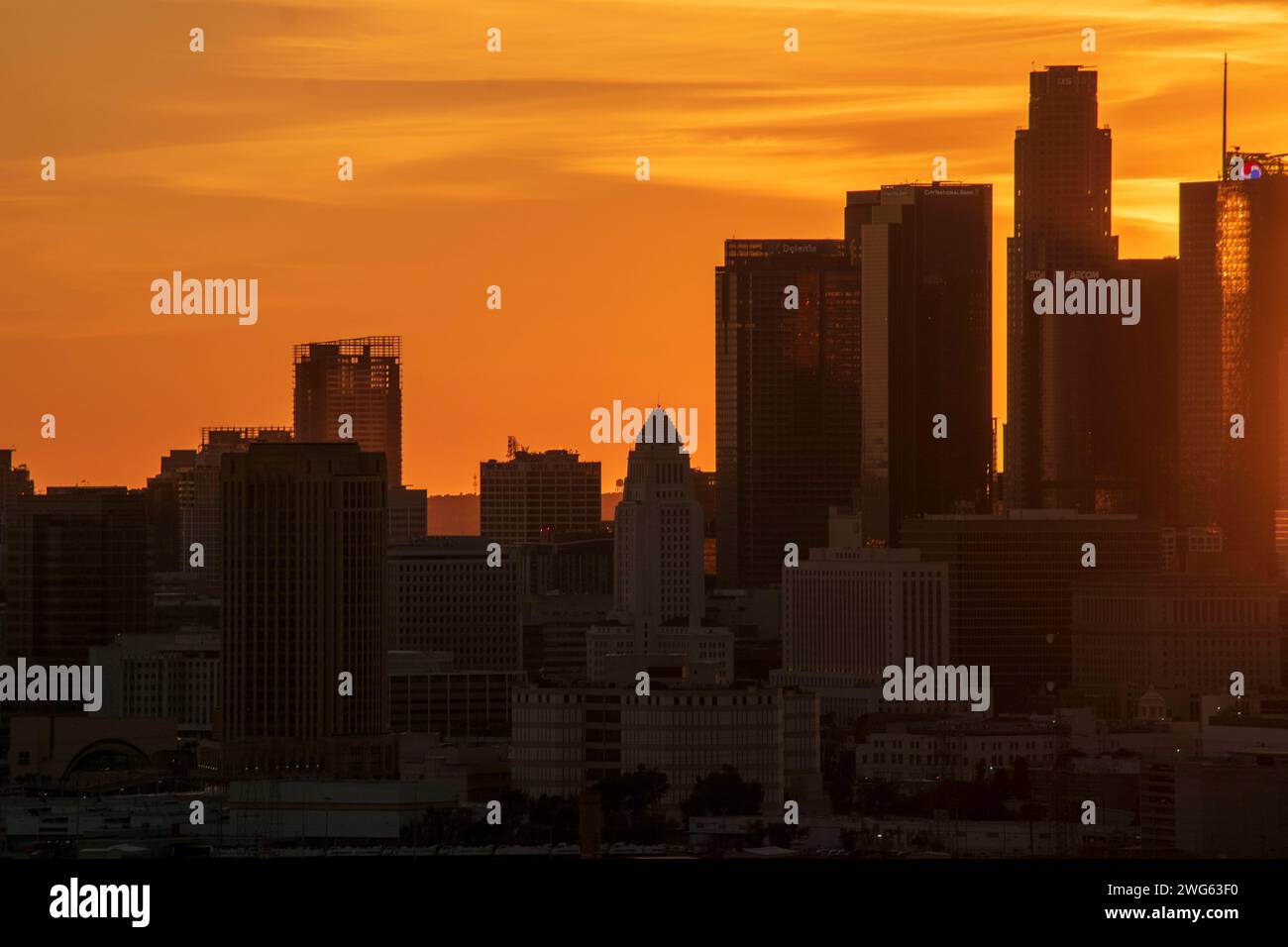 Sunsets over downtown Los Angeles in Southern California can be quite ...