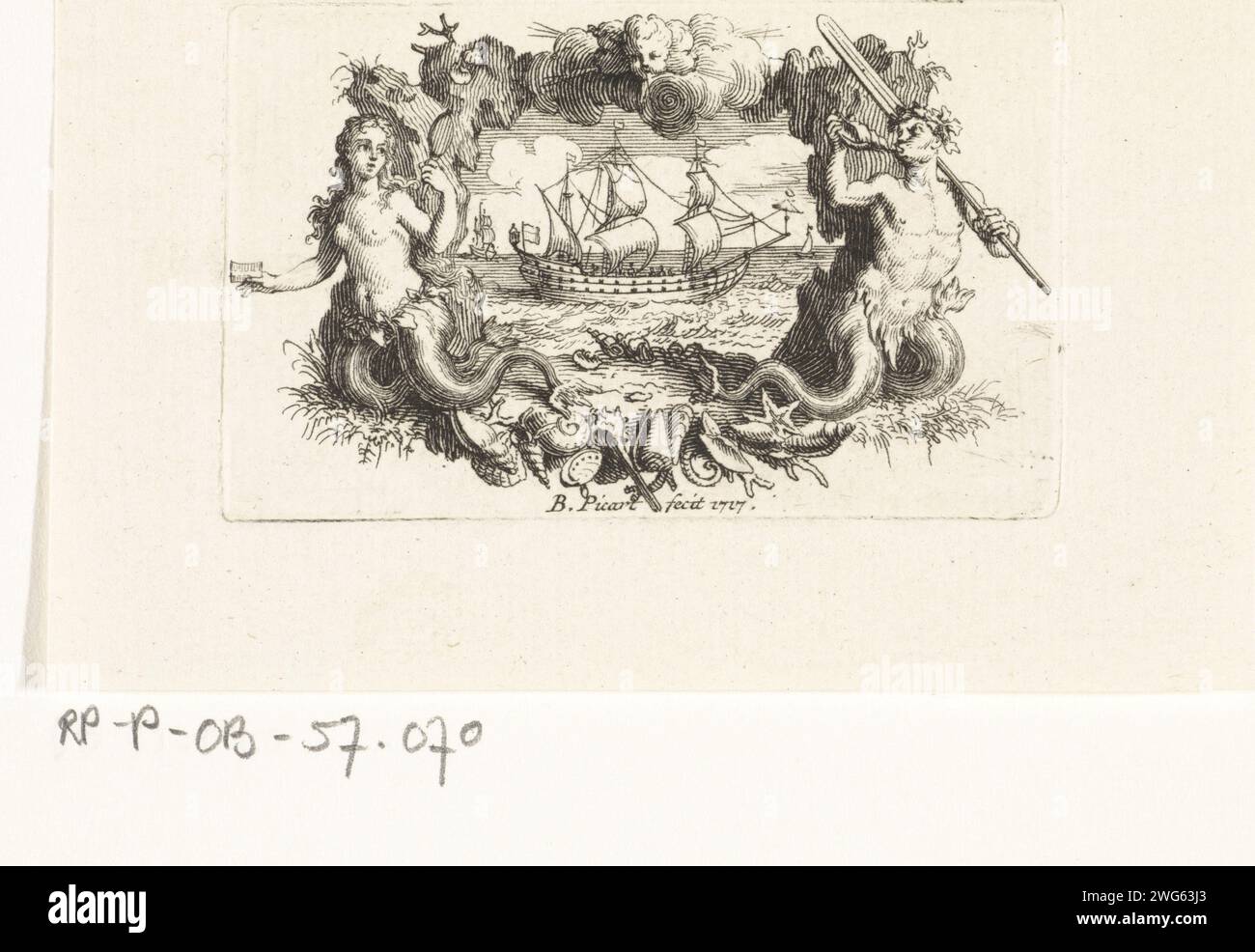 Ship in an ornamental list of Triton and Nereïde, Bernard Picart, 1717 ...