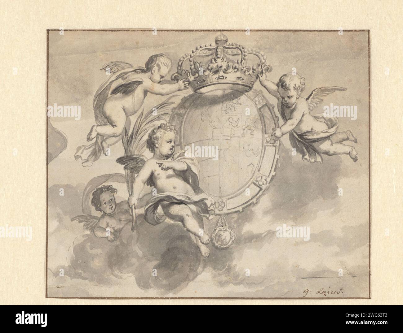 Three putti with the coat of arms of Savoye's house, Jan de Lairesse ...