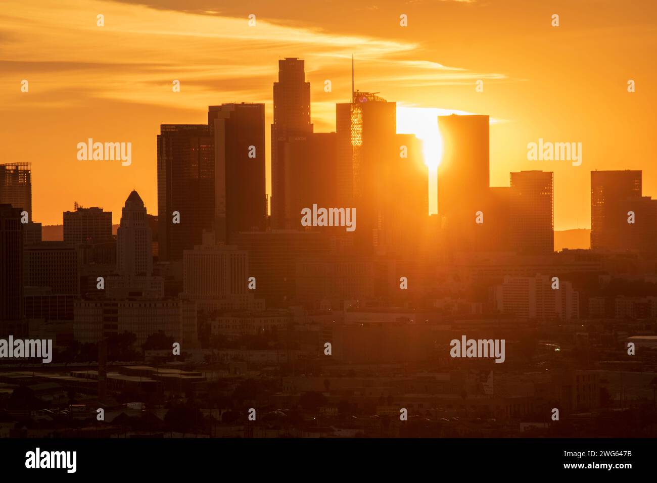 Sunsets over downtown Los Angeles in Southern California can be quite ...