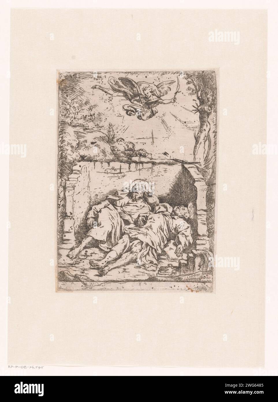 Peter and Paul in their tomb, an angel with palm branches flying above ...