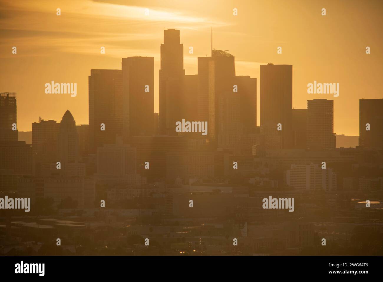 Sunsets over downtown Los Angeles in Southern California can be quite ...