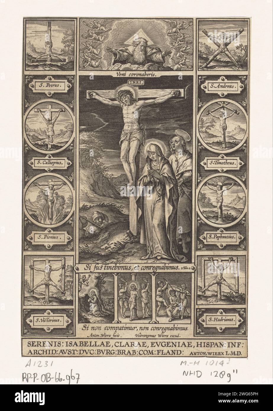 Christ on the cross surrounded by scenes of crucified martyrs, Antonie Wierix (II), 1565 ...