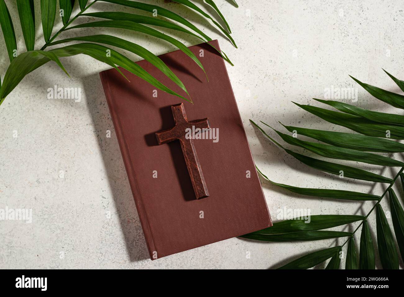 Palm Sunday. Wooden christian cross, holy bible book and palm leaves ...