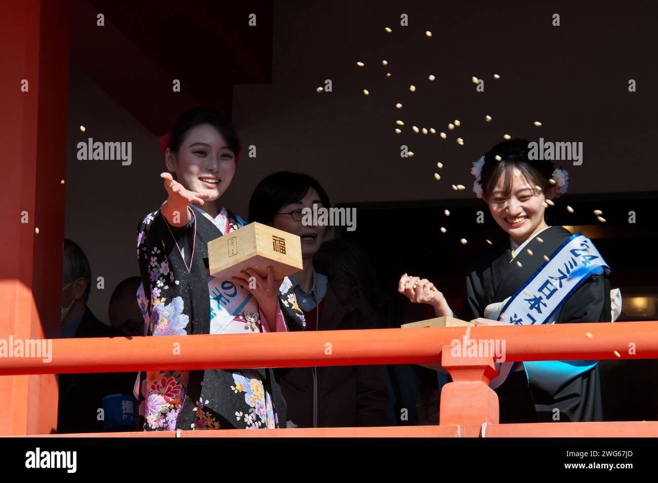 Tokyo, Japan. 03rd Feb, 2024. Miss Nippon Award winners throw beans ...