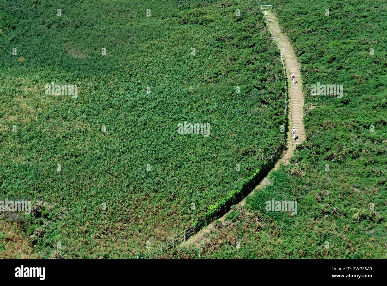 Two hikers walk up a steep steps cut in the landscape. They are in the ...