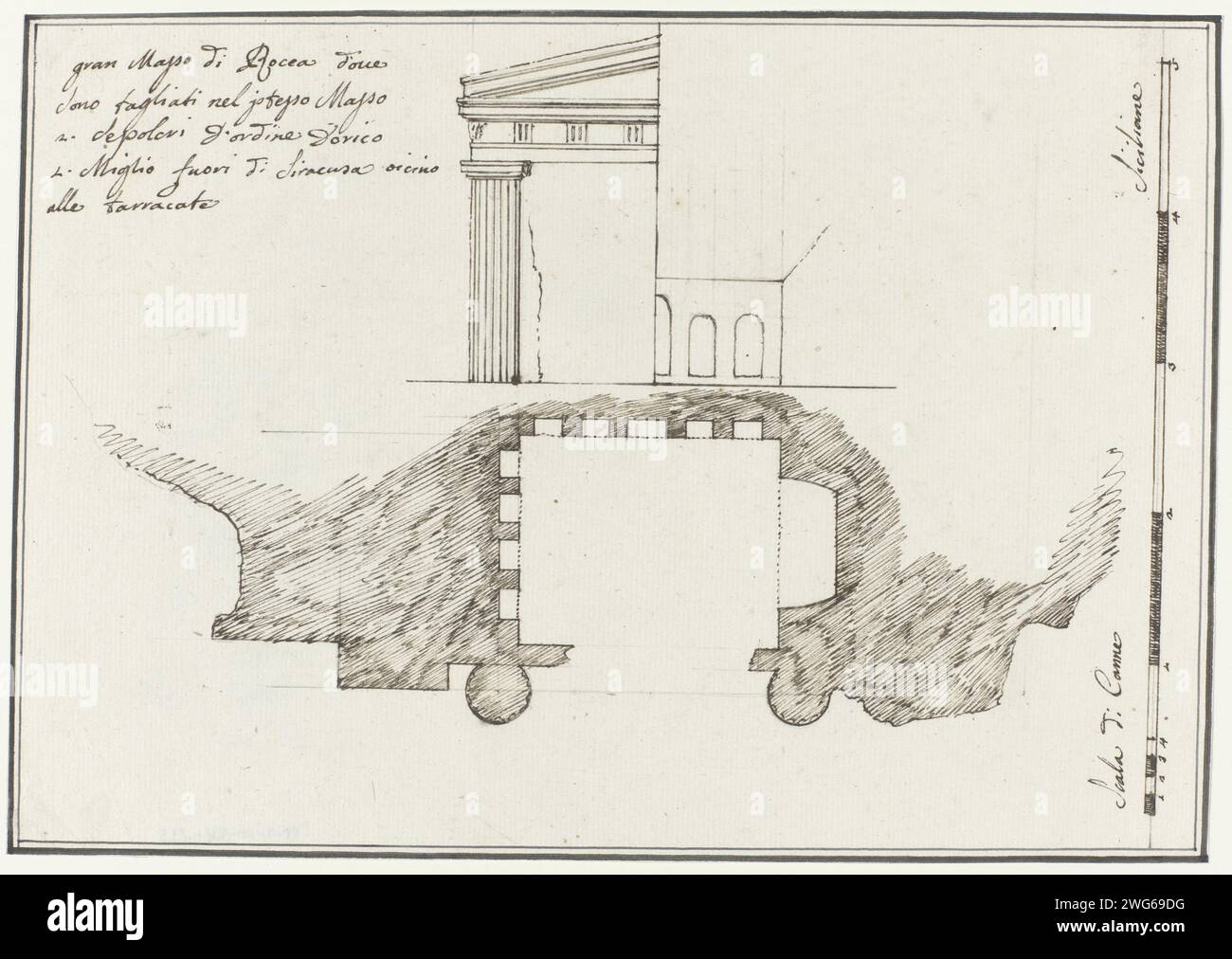 Map of grave monument with Doric columns carved in rock and located at ...