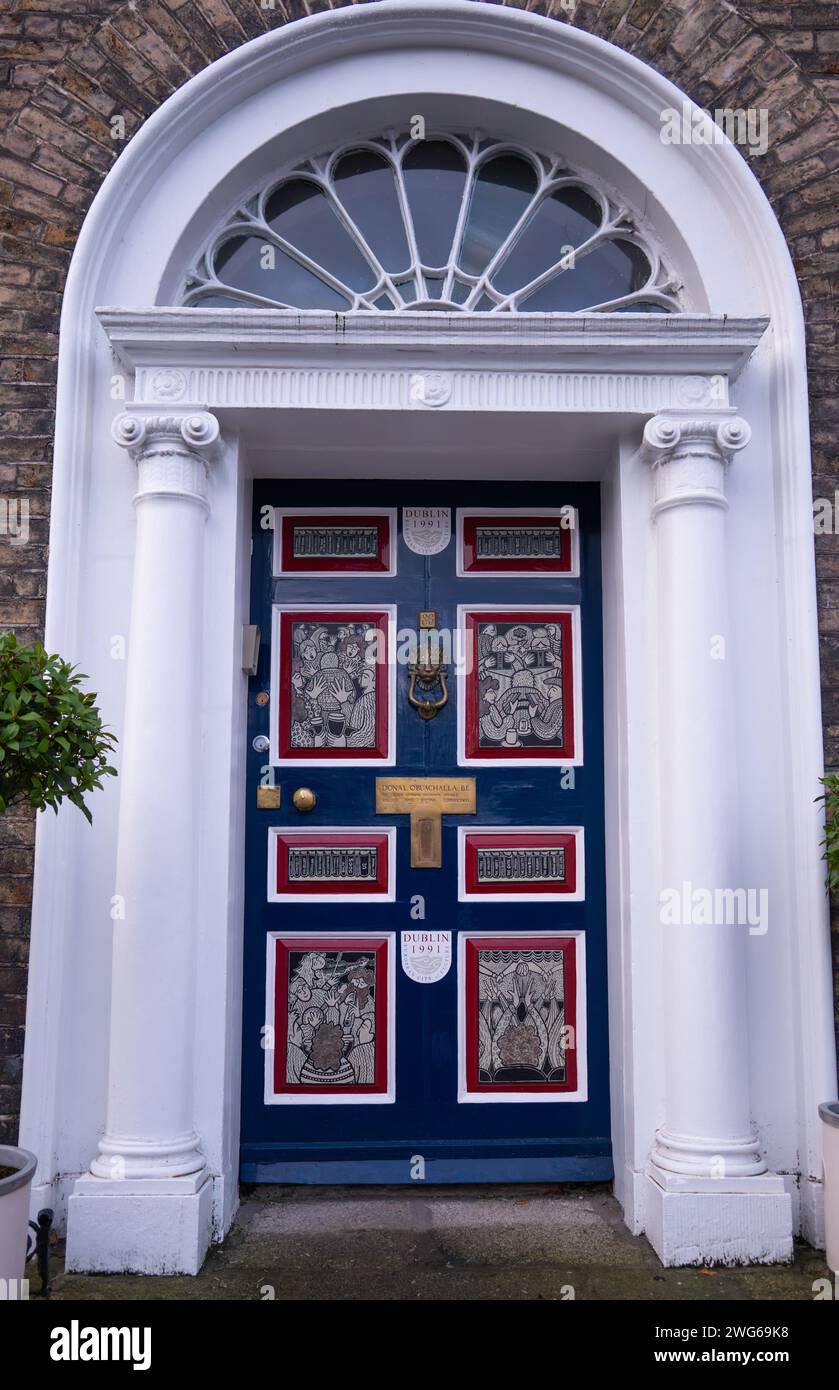 Colorful blue georgian door with patterns in Dublin, Ireland. Historic ...