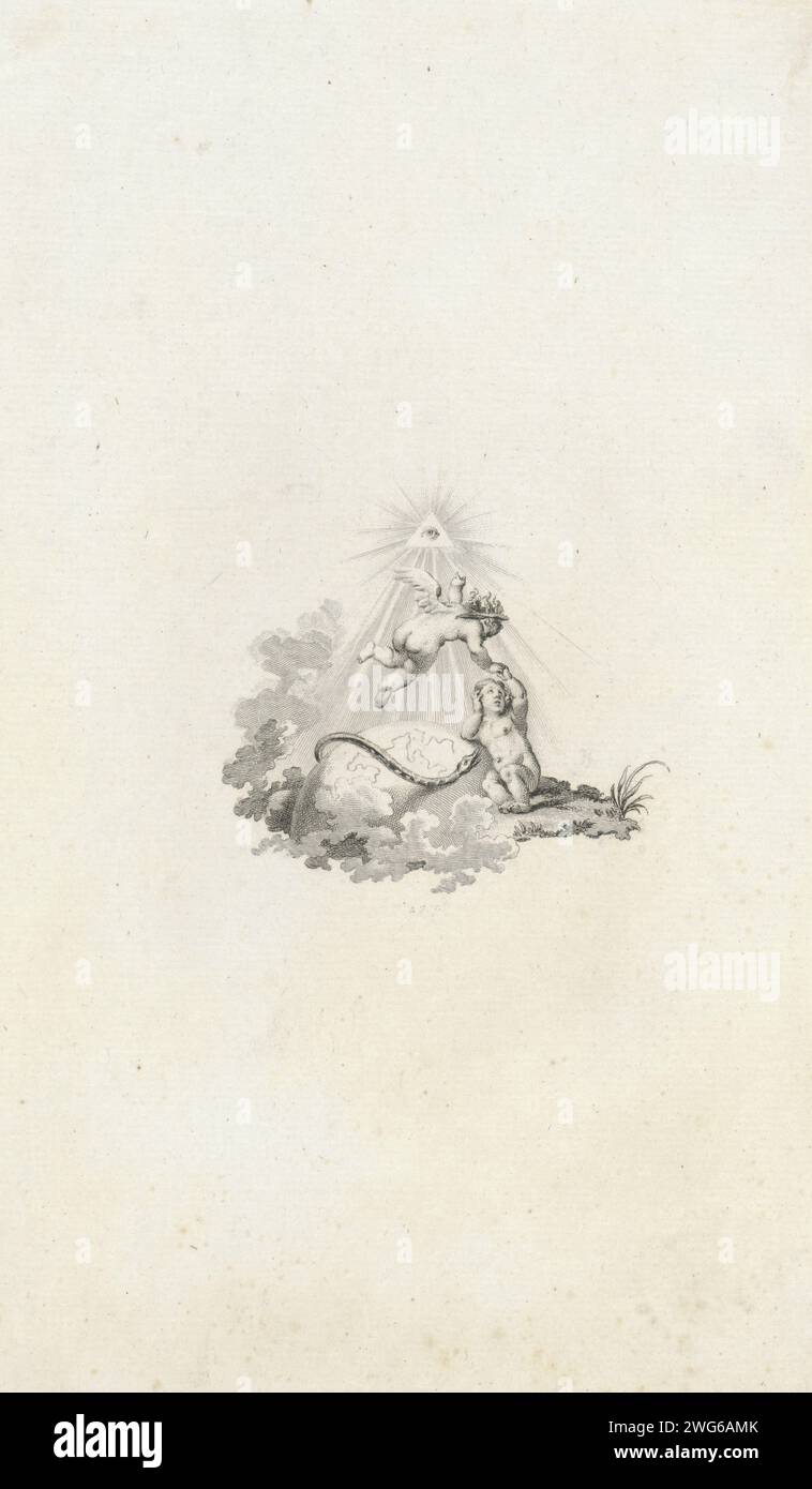 Vignette with two putti, a snake, the all -seeing eye and the globe ...