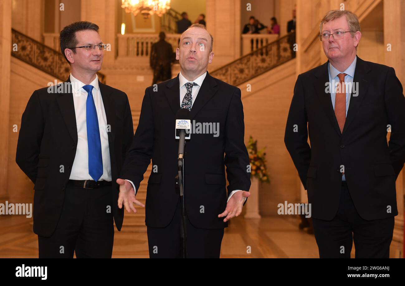 Northern Ireland Secretary Chris Heaton-Harris speaking to the media ...