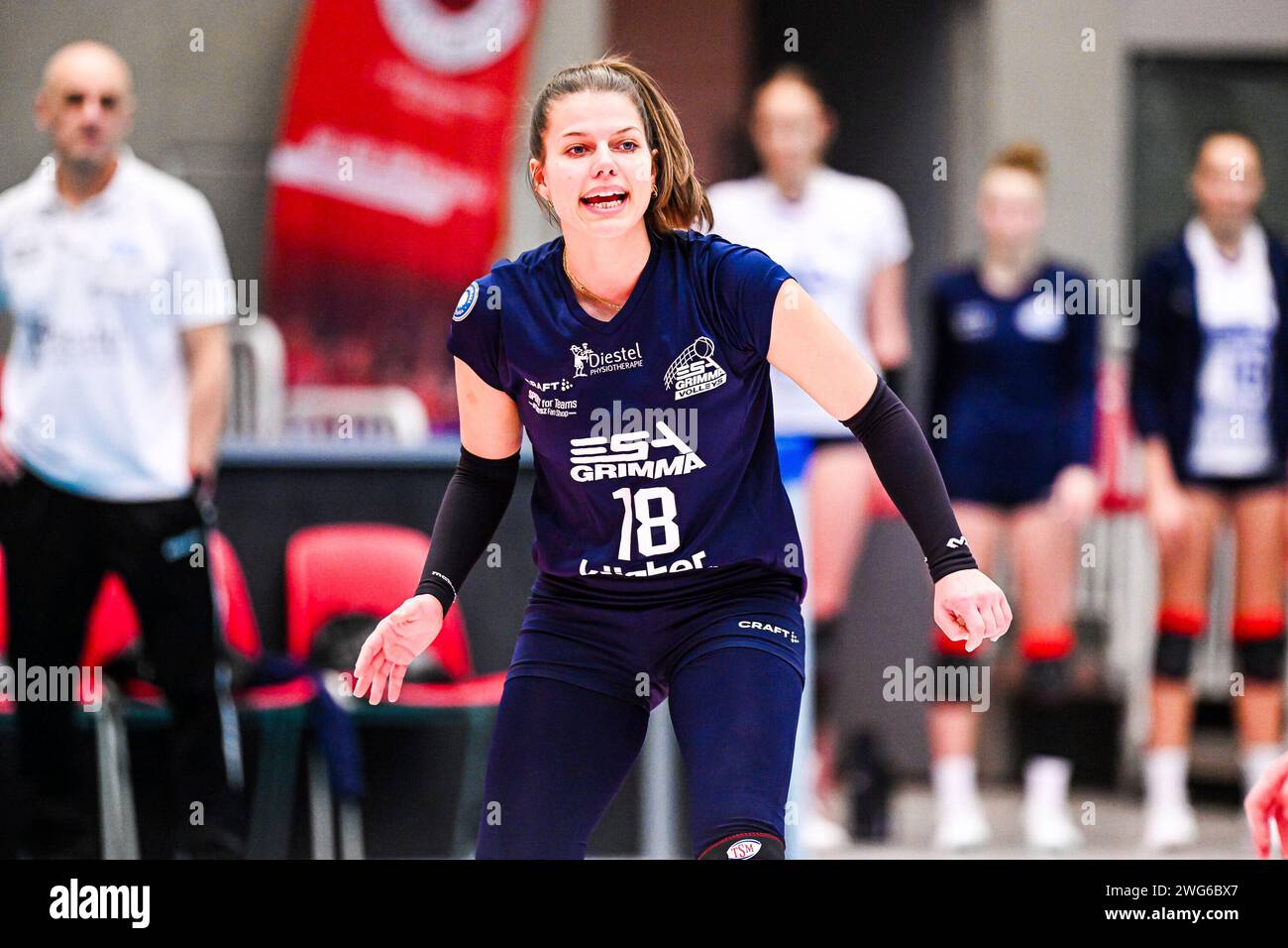 Dresden, Deutschland. 03rd Feb, 2024. Sophie Dreblow (ESA Grimma Volleys, #18) 2. Volleyball ...