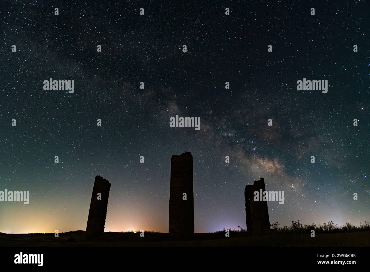 Silhouette of the ruins of the towers of Galvez castle in Toledo, Spain ...