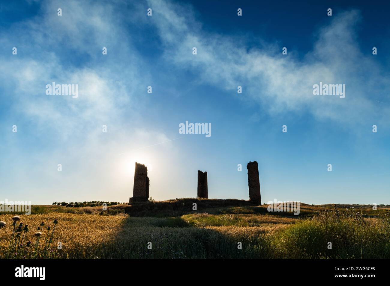 Silhouette of the ruins of the towers of Galvez castle in Toledo, Spain ...
