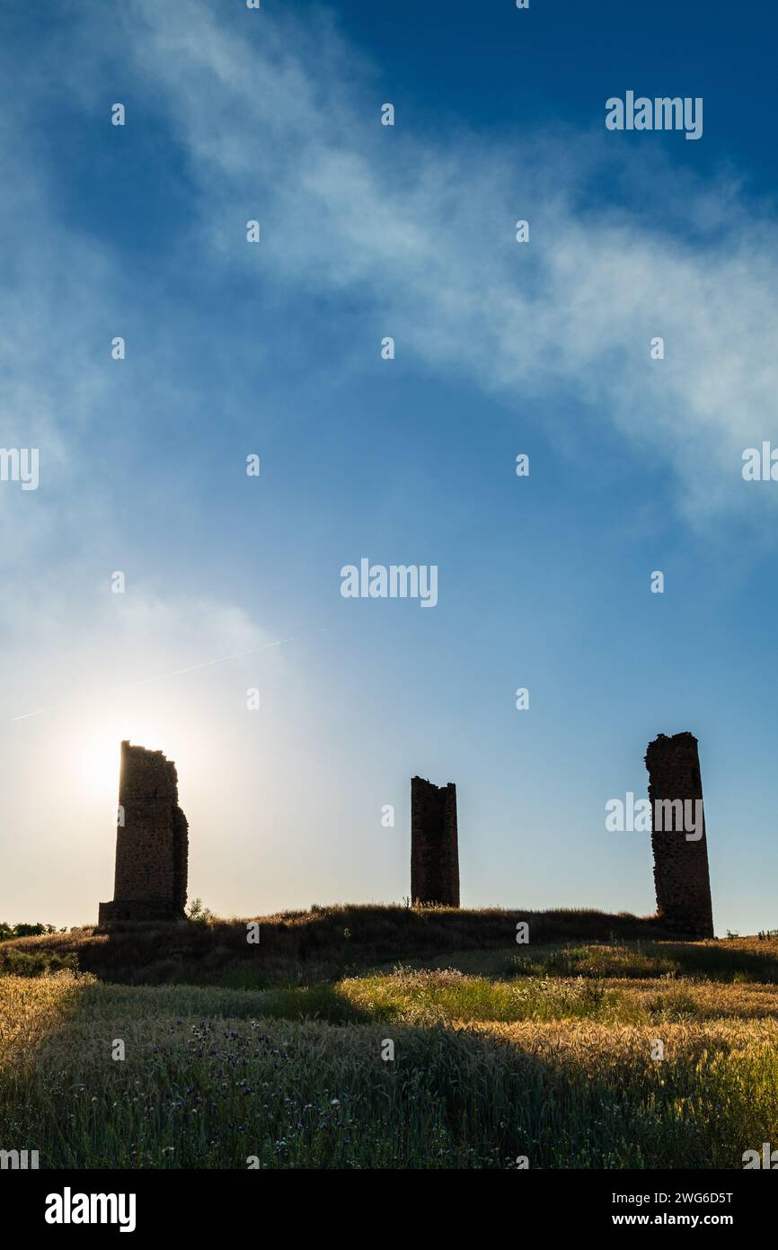 Silhouette of the ruins of the towers of Galvez castle in Toledo, Spain ...