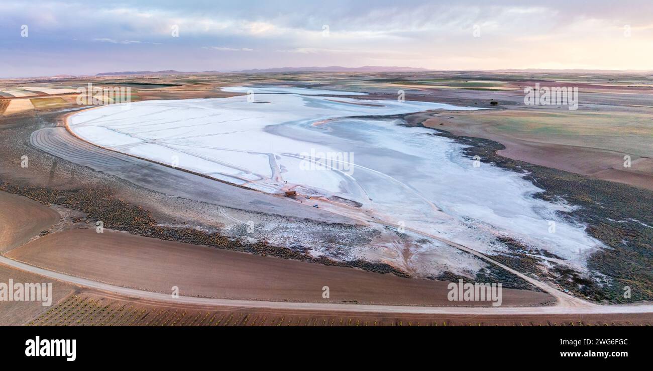 Aerial view of the Peñahueca Lagoon, a hypersaline wetland in the ...