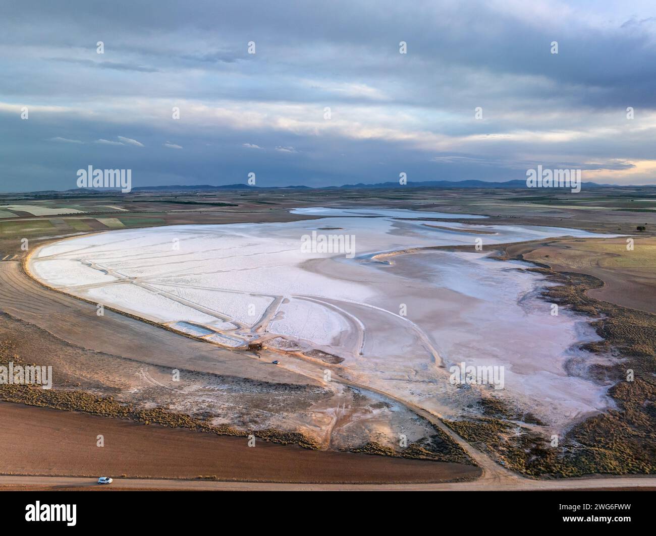 Aerial view of the Peñahueca Lagoon, a hypersaline wetland in the ...