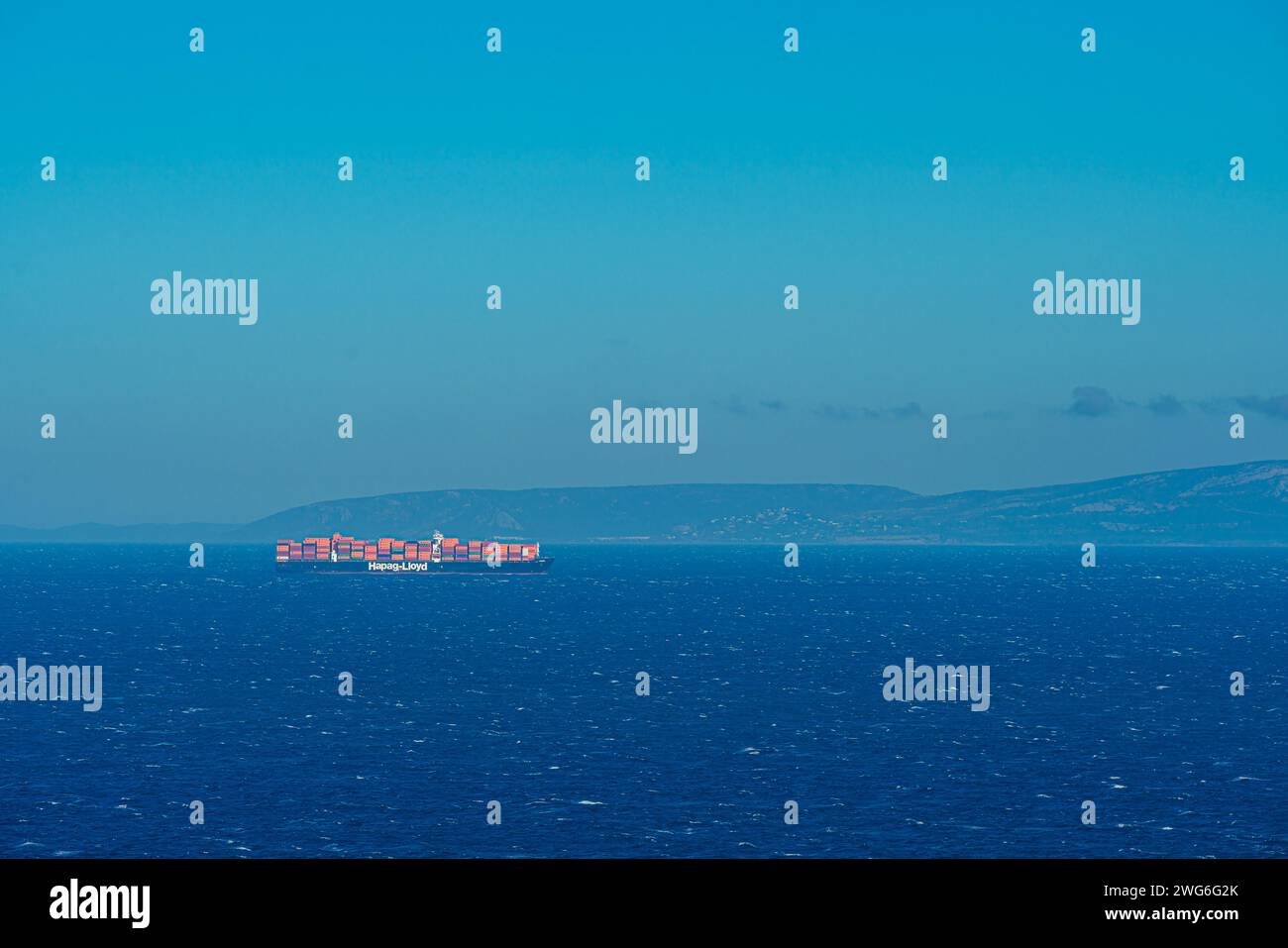 Tangier, Morocco. January 24, 2024. A Hapag-Lloyd container ship sails ...