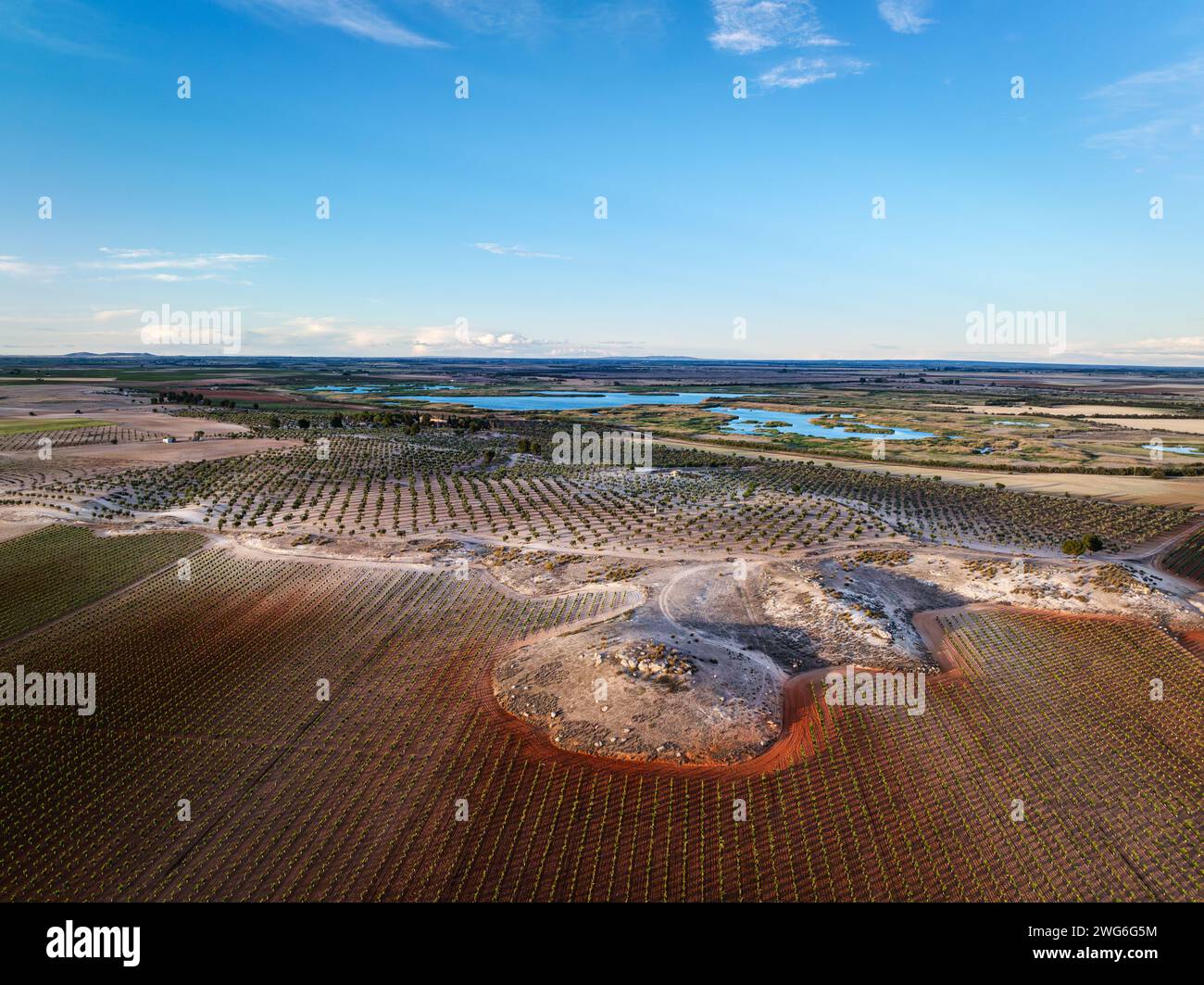 Aerial view of the Peñahueca Lagoon, a hypersaline wetland in the ...
