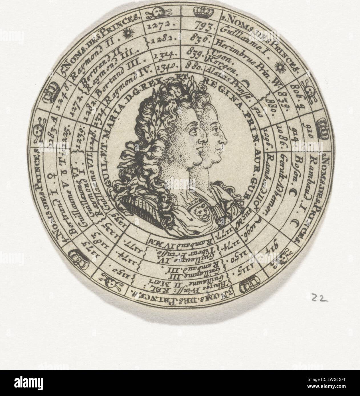 Penning with the portrait of William III and Maria Stuart and the names ...