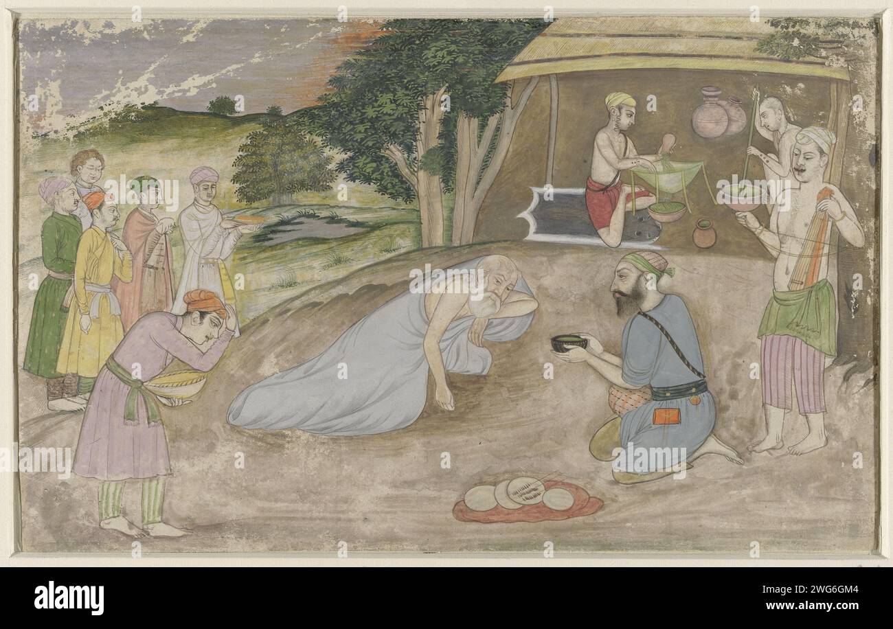 Old Indo -Muslim Holy in his hermit's cabin, surrounded by people with ...