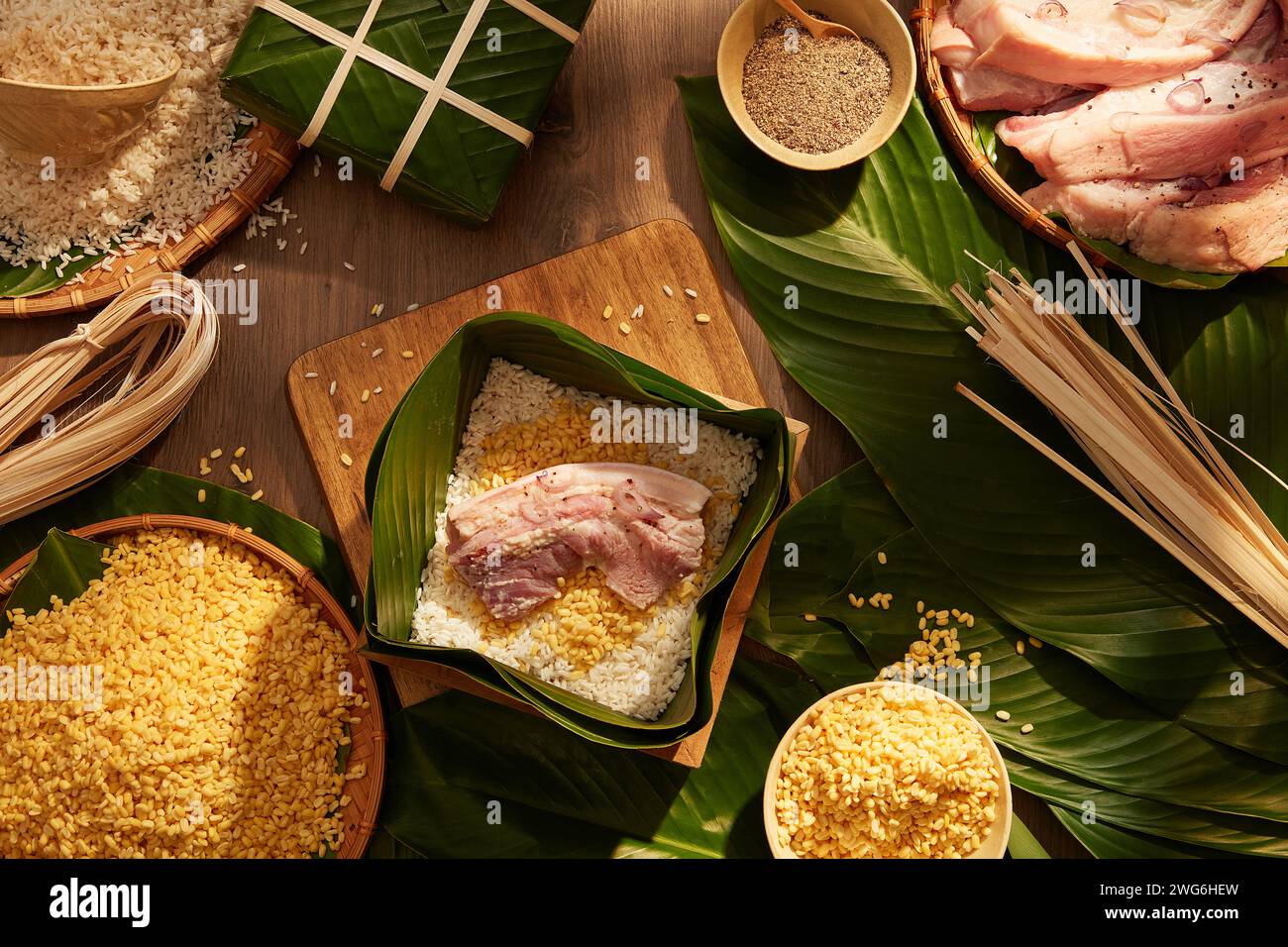 Traditional Vietnamese Chung cake with pork sticky rice, mung beans and ...