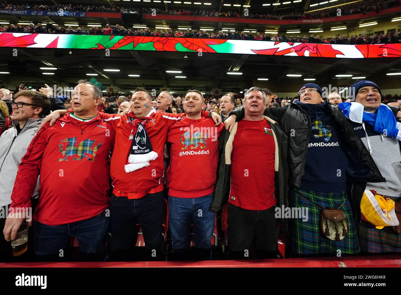 Wales fans sing the national anthem ahead of the Guinness Six Nations ...