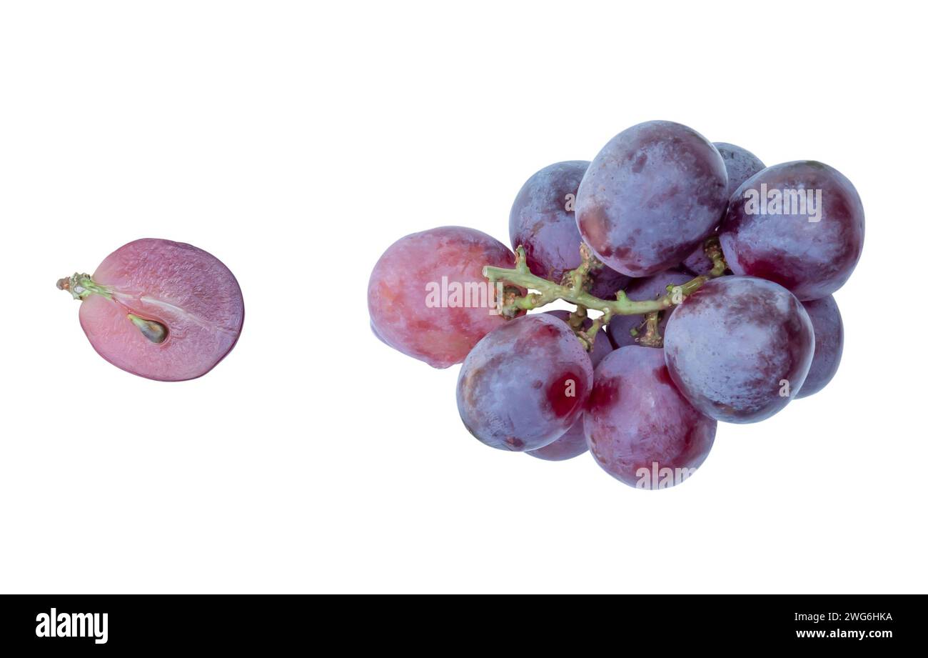 Top view set of small bunch of grapes with half is isolated on white ...