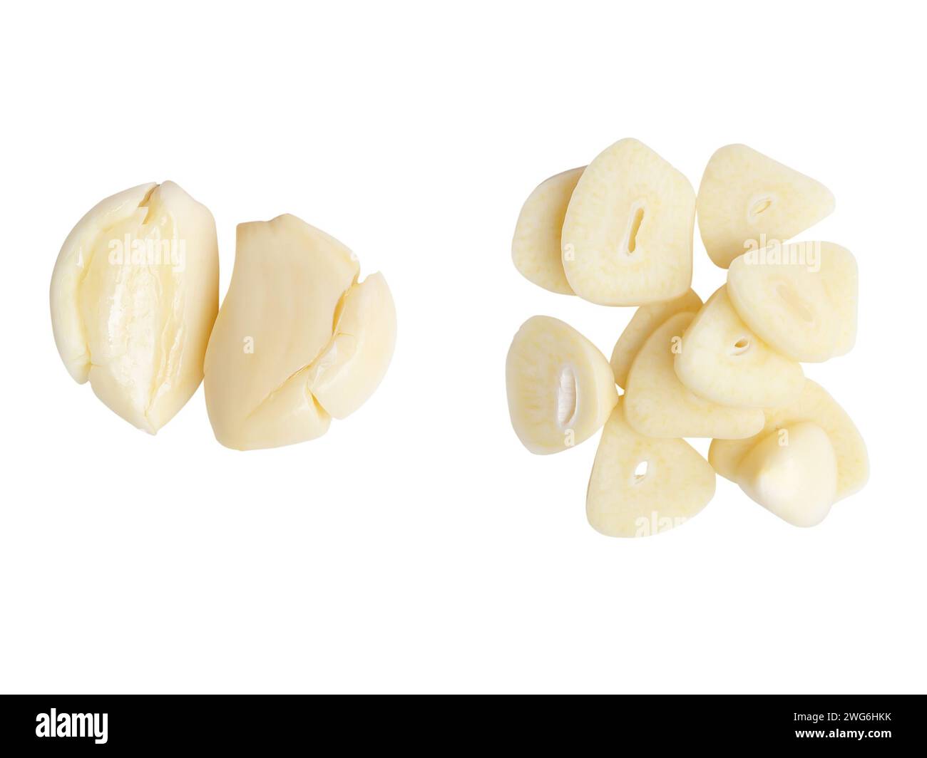 Top view set of pounded garlic cloves and slices in stack is isolated ...