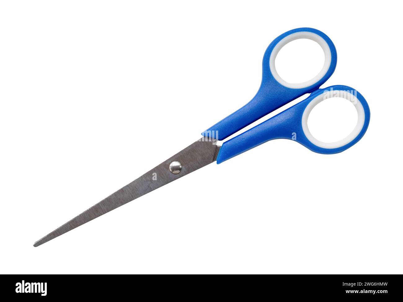 Top view of small multipurpose scissors with blue handle is isolated on ...