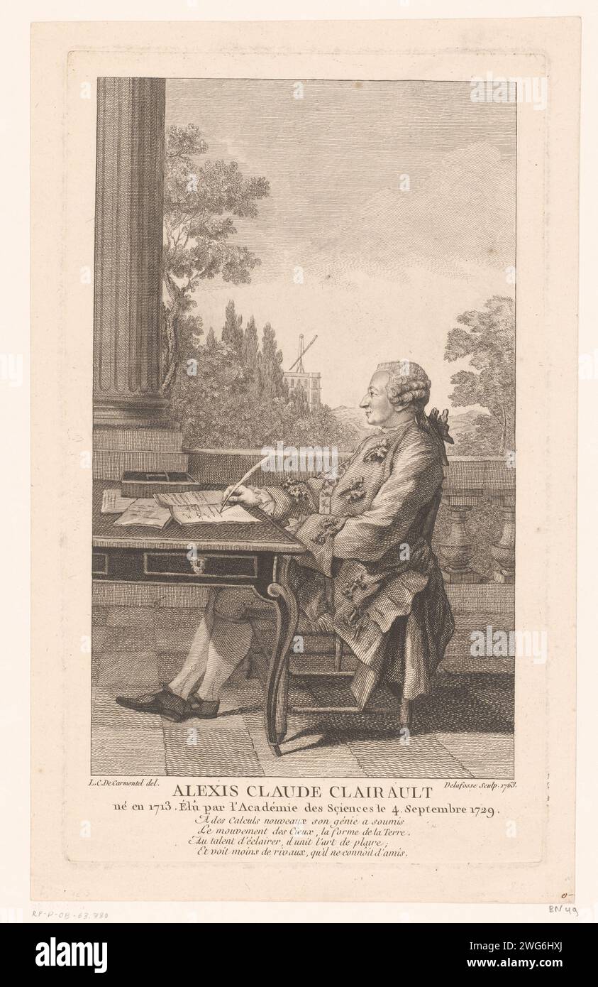 Portrait of Alexis-Claude Clairaut at his writing table in the open air ...