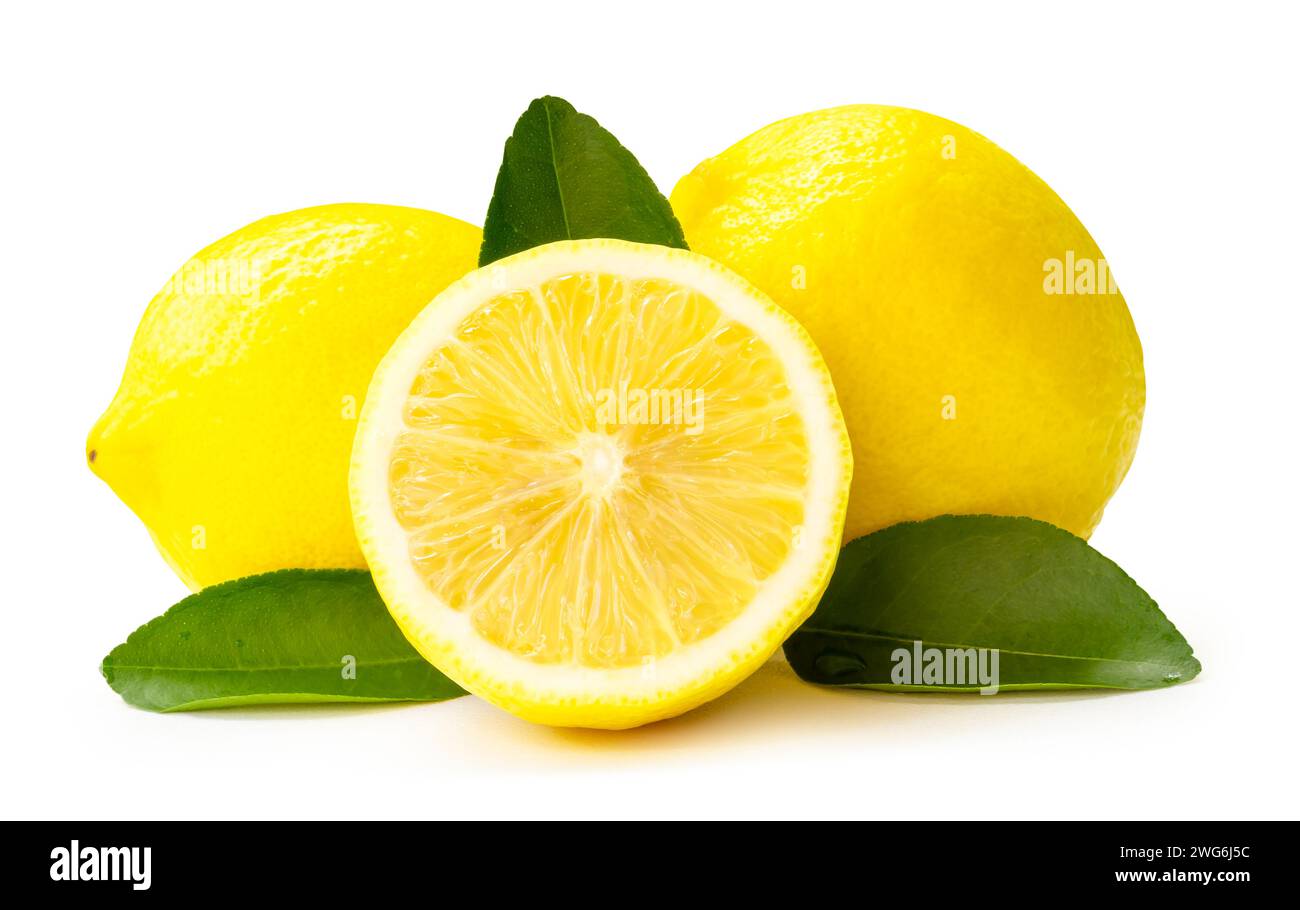 Front view and close up of fresh yellow lemon fruits with half and ...