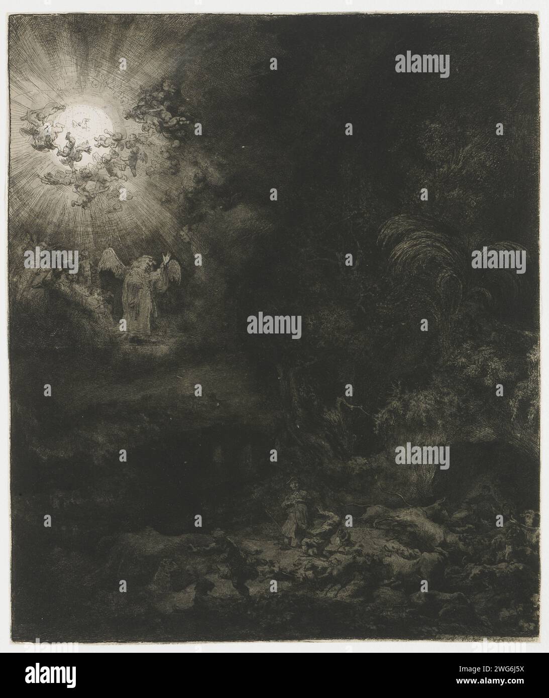 The angel appearing to the shepherds, Rembrandt van Rijn, 1634 print ...