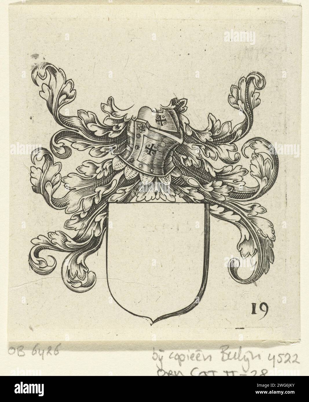 Coat of arms with helmet and leaf vines, 1625 print The helmet points to the right. There are ...