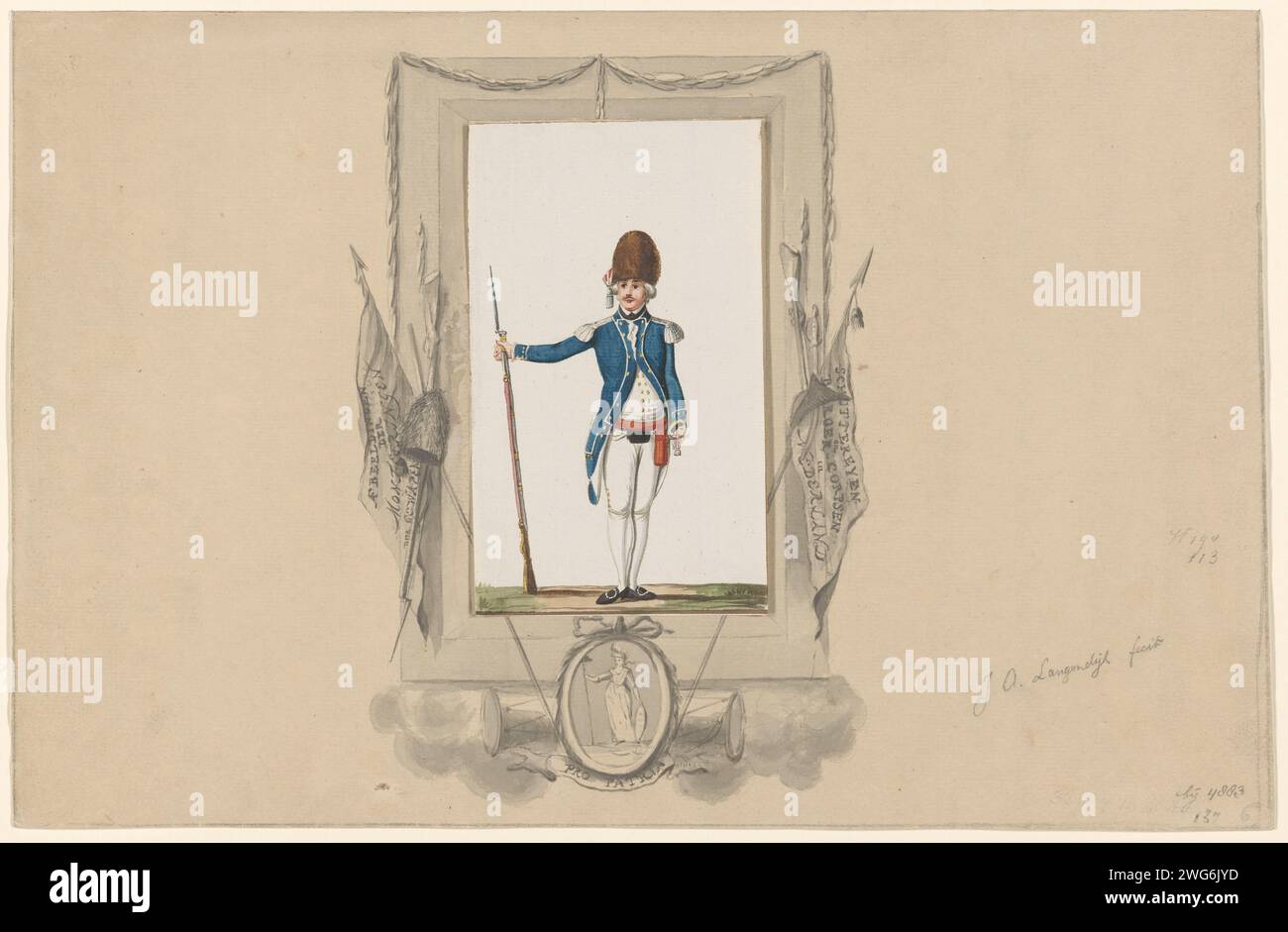 Standing soldier in ornamental frame, Jan Anthonie Langendijk Dzn ...