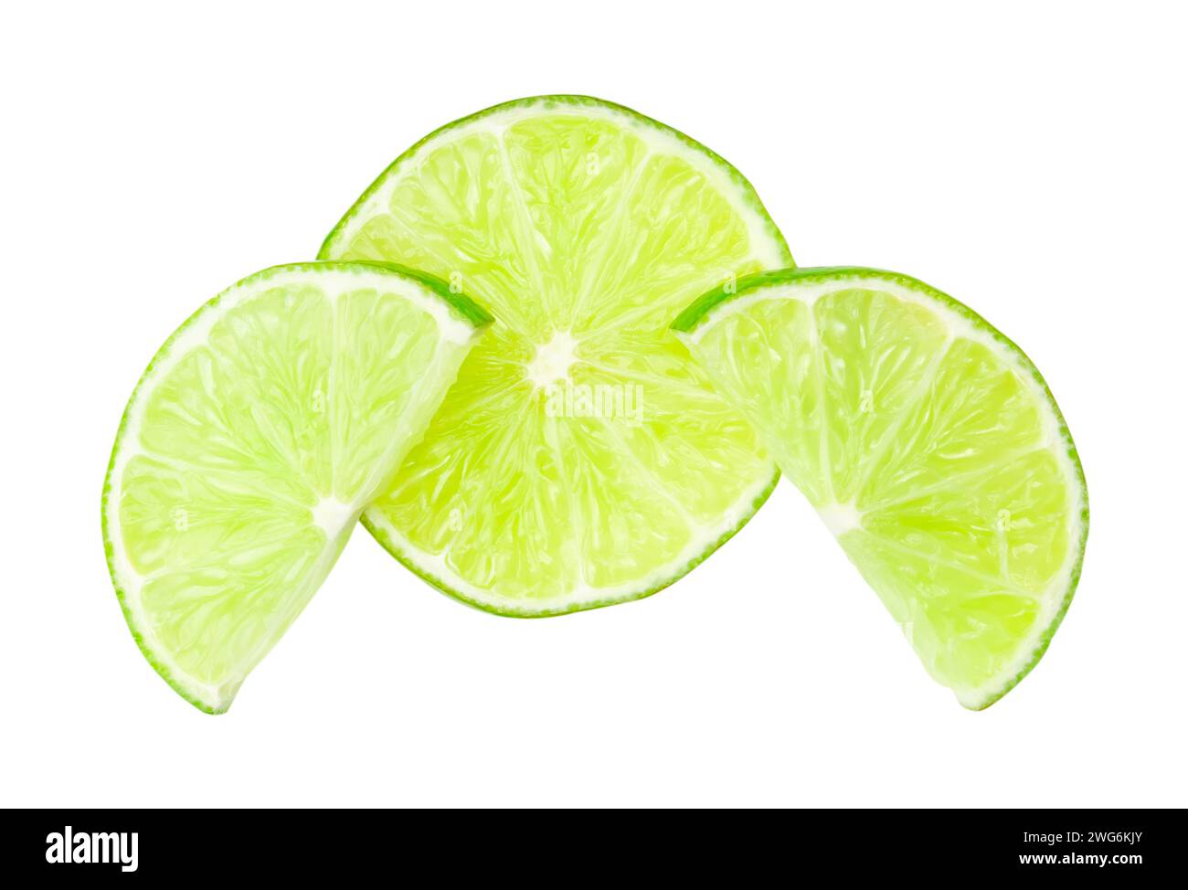 Top view of fresh green lemon slices in stack is isolated on white background with clipping path ...