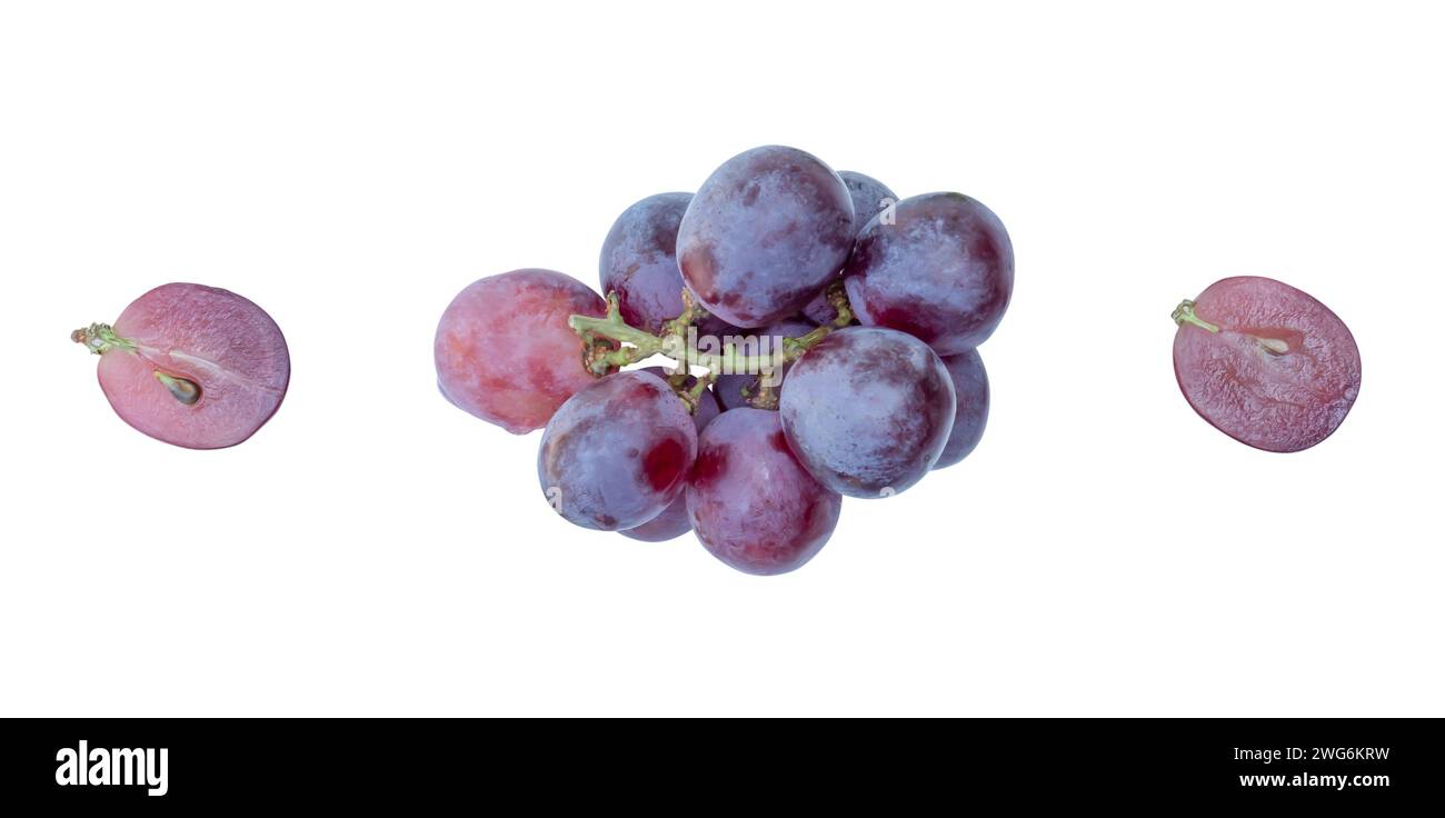 Top view set of a small bunch of red or violet grape with halves is ...