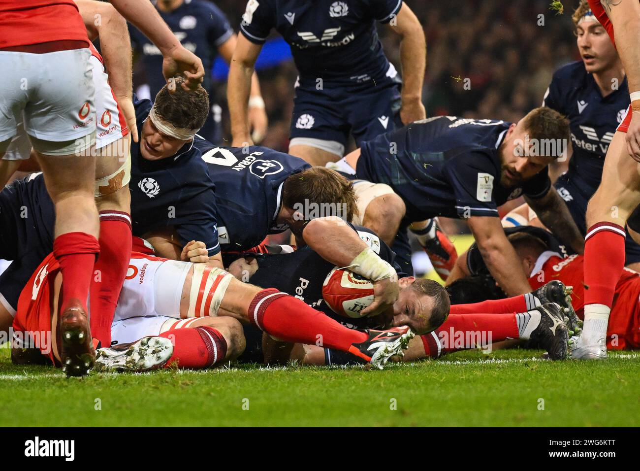 Pierre Schoeman of Scotland goes over for a try during the 2024 ...