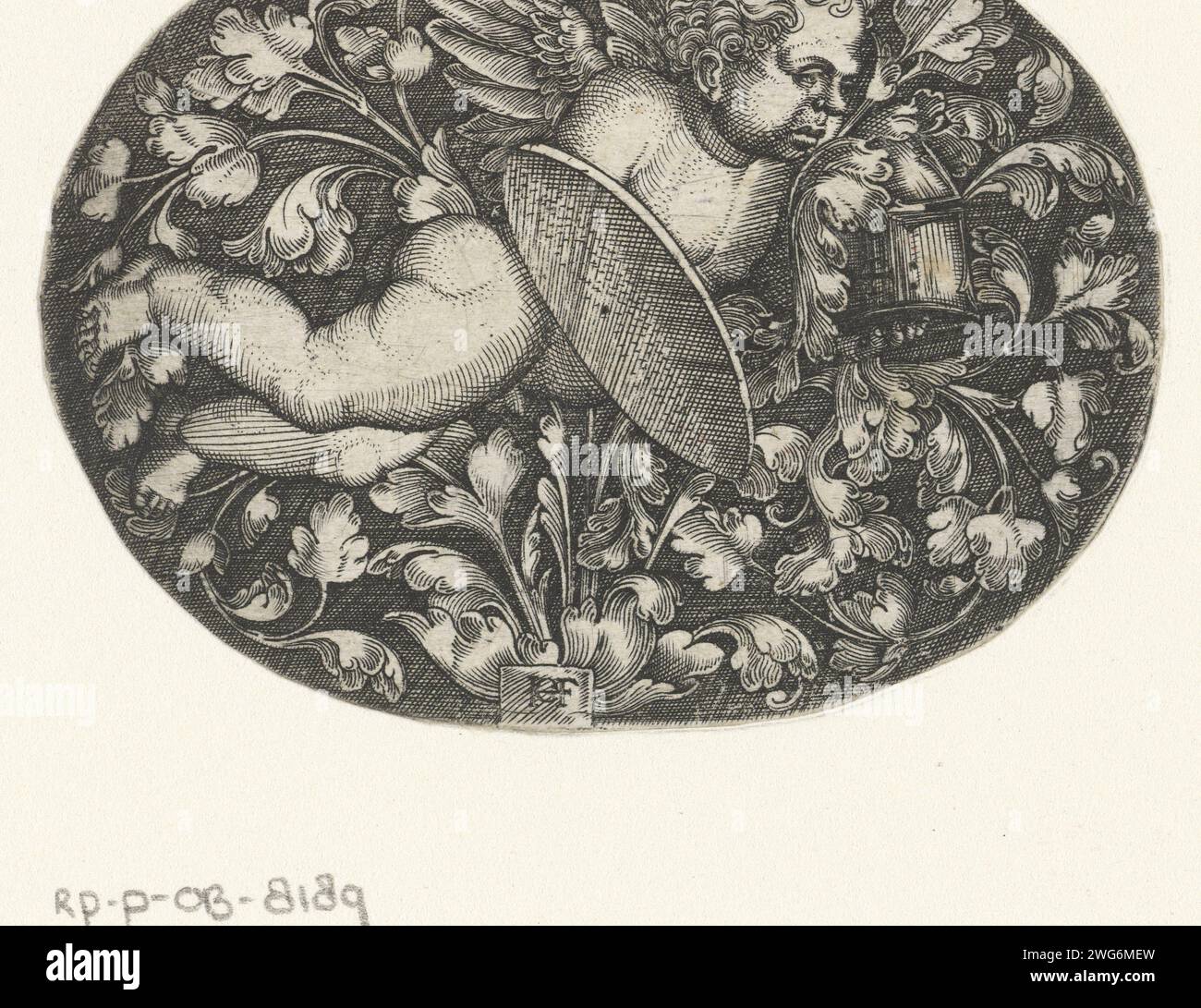 Putto, floating between leaf vines, c. 1500 - c. 1600 print Oval. The ...