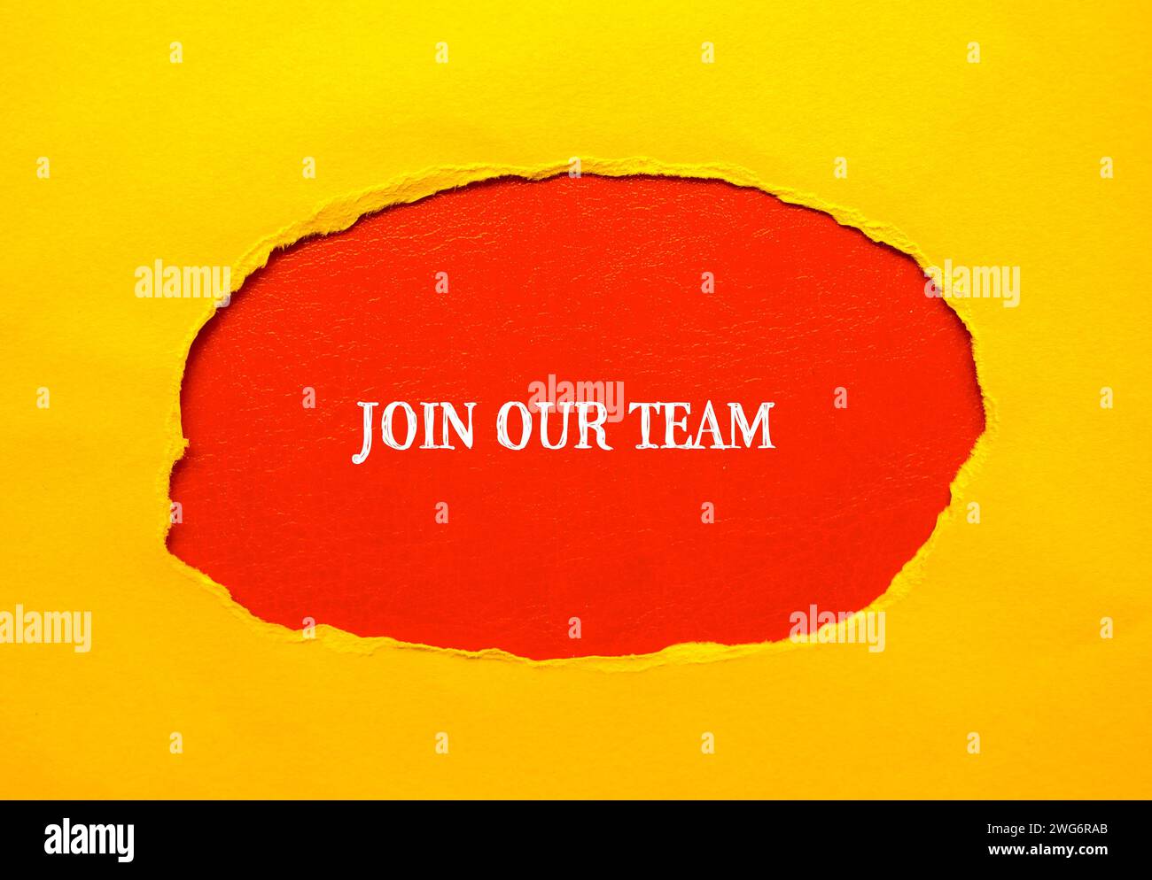 Join our team lettering on yellow torn paper with red background ...