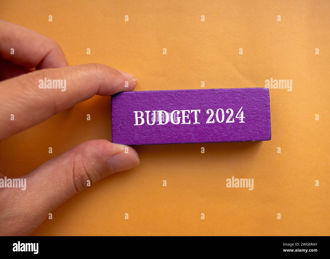 Budget 2024 lettering on purple wooden block with orange background ...