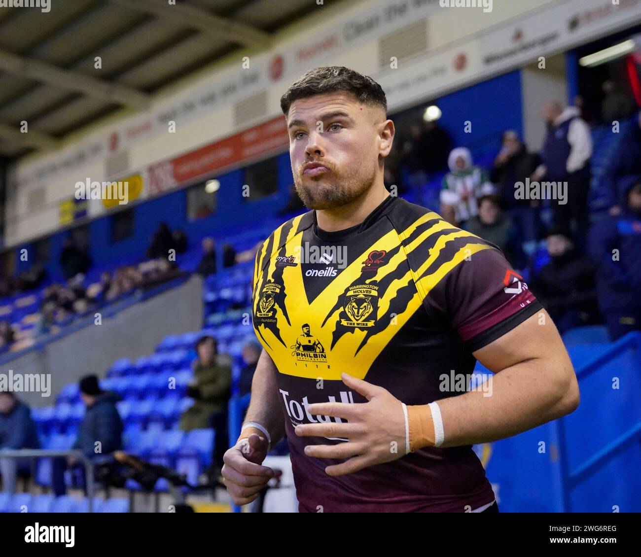 Warrington, UK. 03rd Feb, 2024. Joe Philbin of Warrington Wolves runs ...