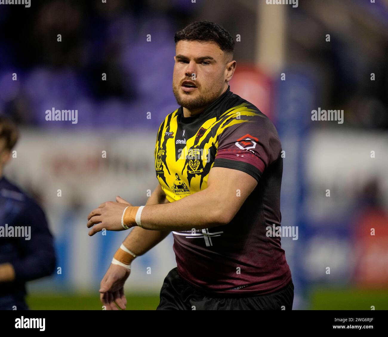 Warrington, UK. 03rd Feb, 2024. Joe Philbin of Warrington Wolves warms ...