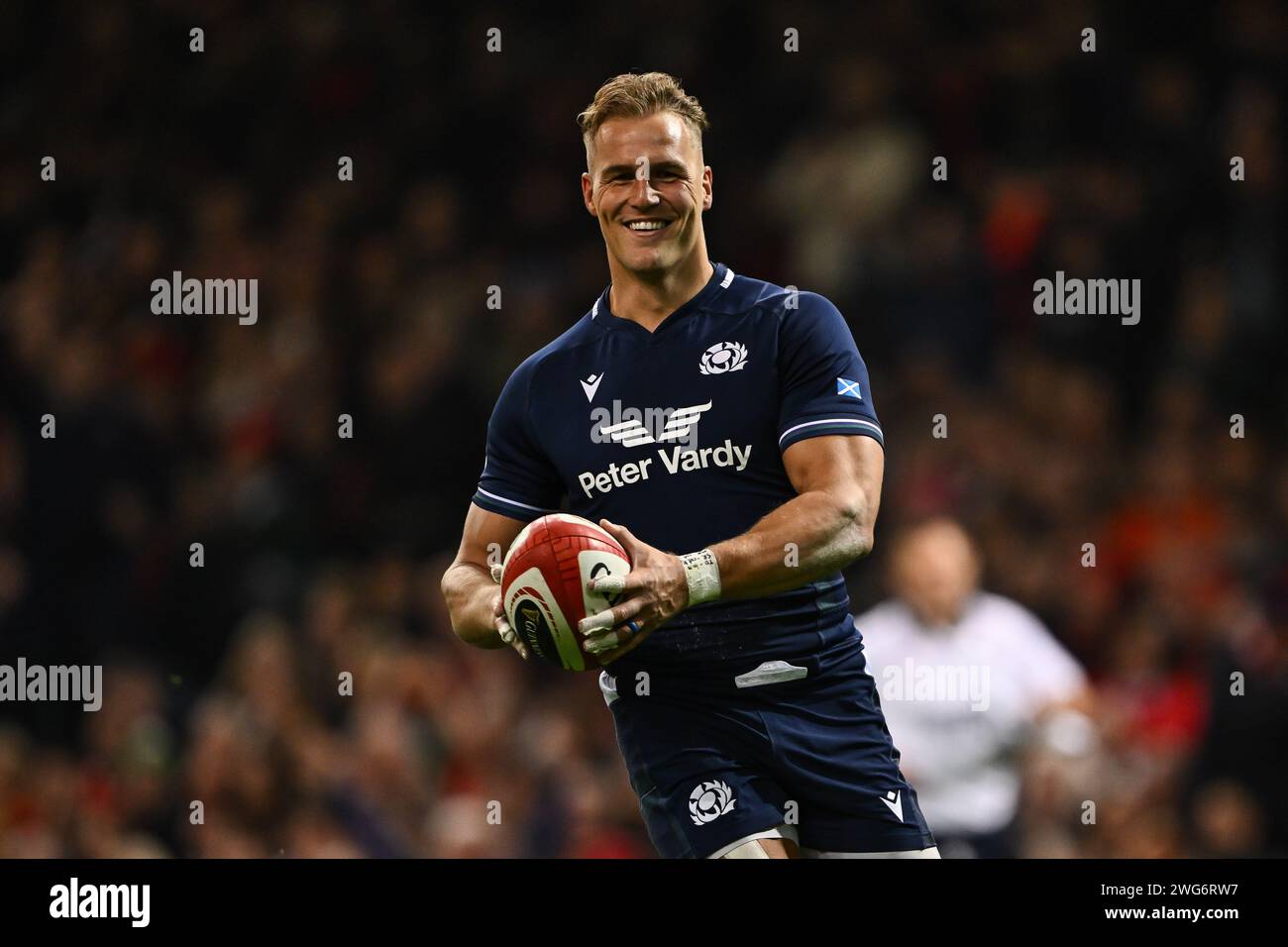 Duhan van der Merwe of Scotland goes over for a try during the 2024 ...